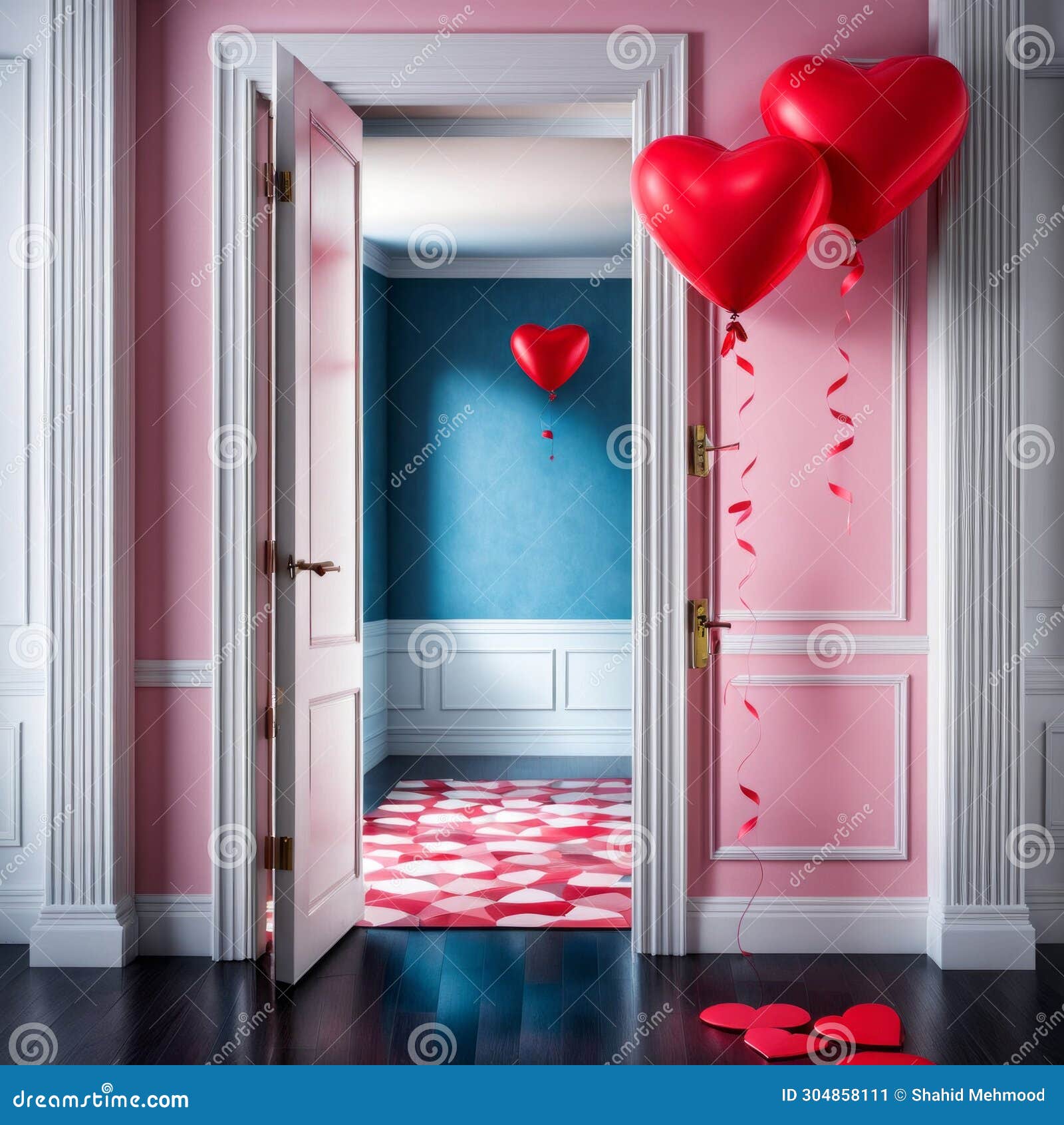Room with an Open Door and Heart-shaped Balloons Entering Stock ...