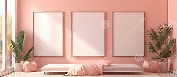 A Room with Peach Walls and Three White Rectangle Frames Stock Image ...