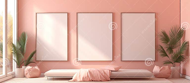 A Room with Peach Walls and Three White Rectangle Frames Stock Image ...