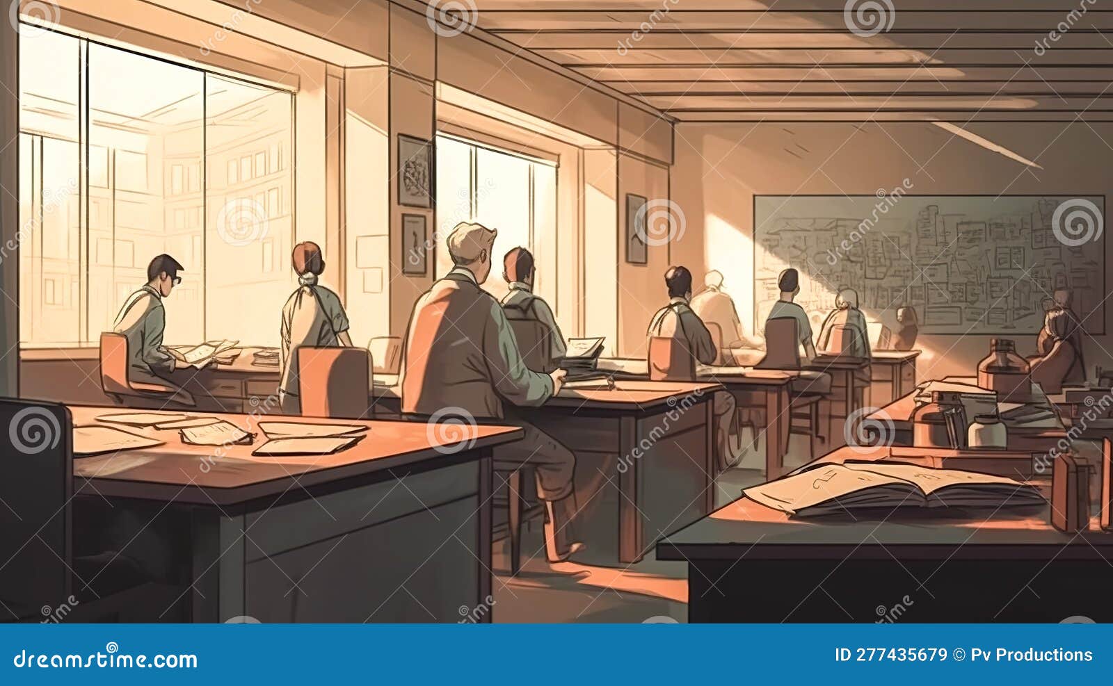 Room with People Sitting at Tables at Work, Generative AI. Stock ...