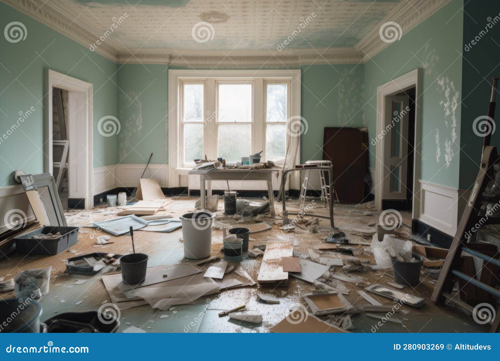 A Room, in the Process of Being Painted and Papered, with Tools and ...