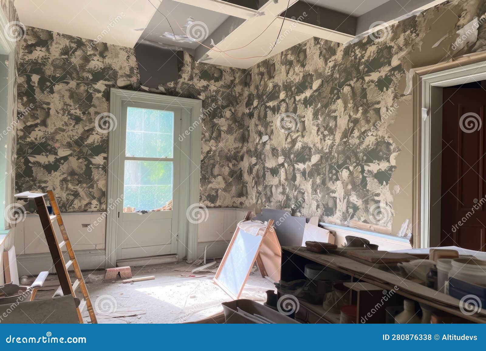 A Room in Progress, with Wallpaper Hung and Paint Applied To the Walls ...