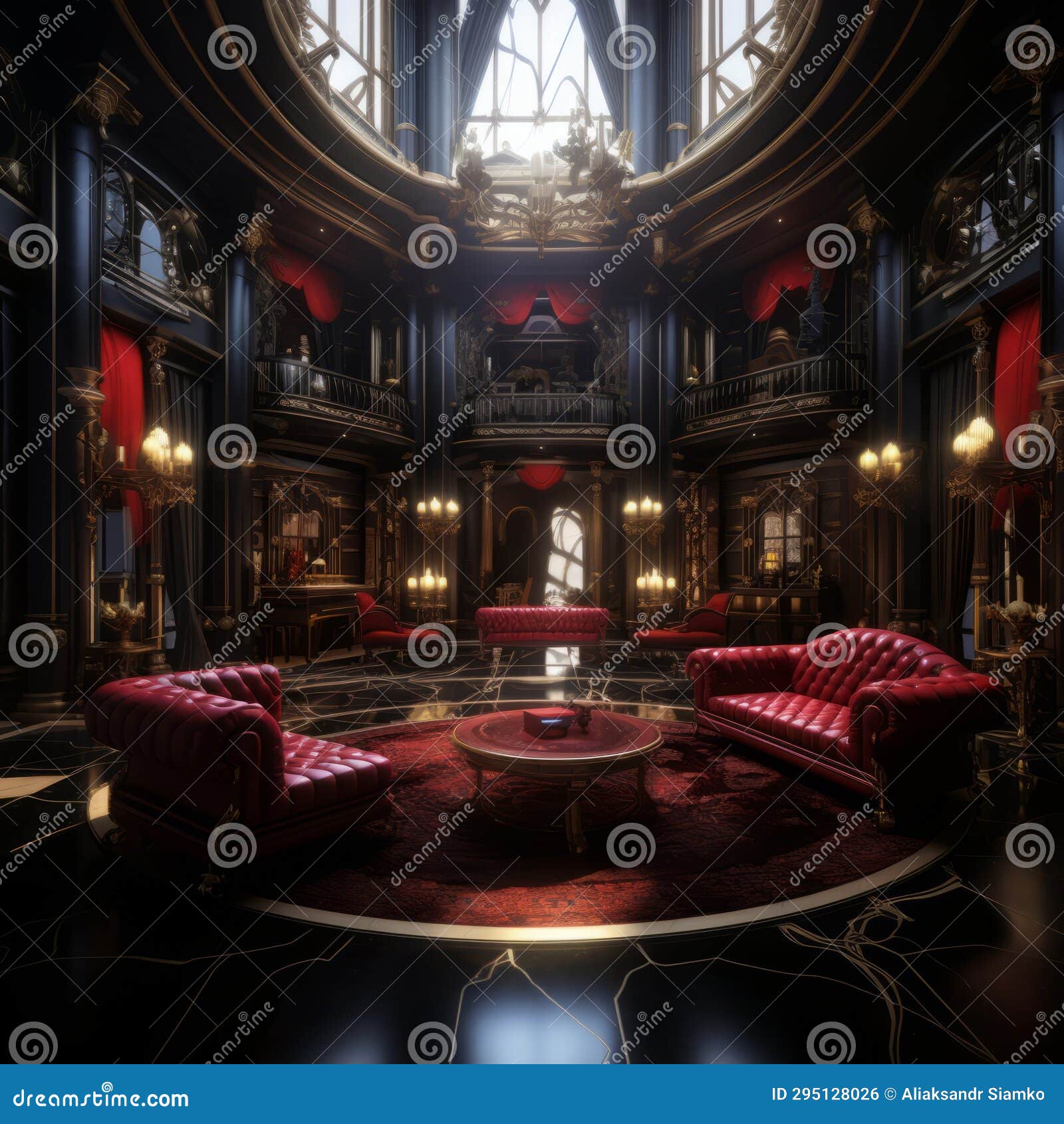 A Room with Red Couches and Round Table Stock Photo - Image of european ...