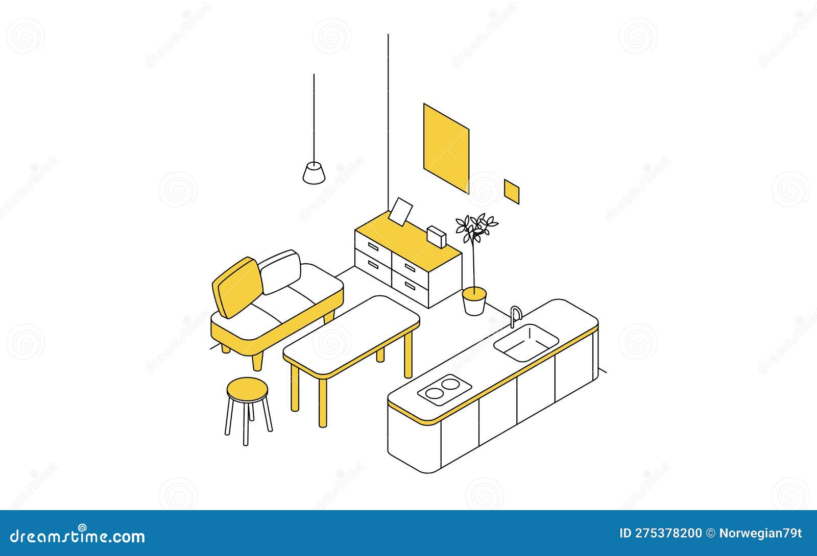 Room for Rent: Dining Room, Simple Isometric with Island Kitchen and ...