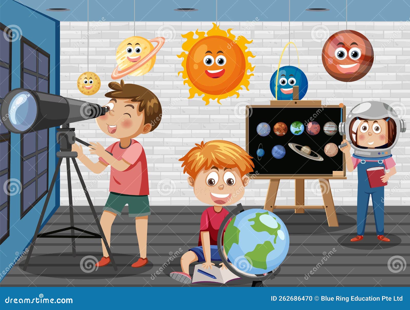 Room Scene with Kids Observing Night Sky Stock Vector - Illustration of ...