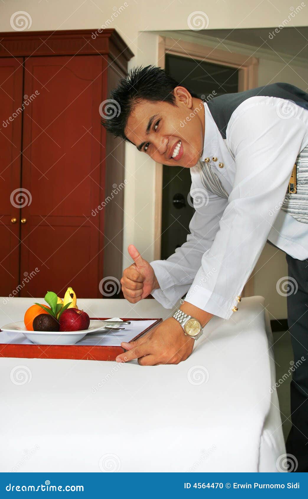 Room Service Deliver Fruit with Thumb Up Stock Photo - Image of staff ...