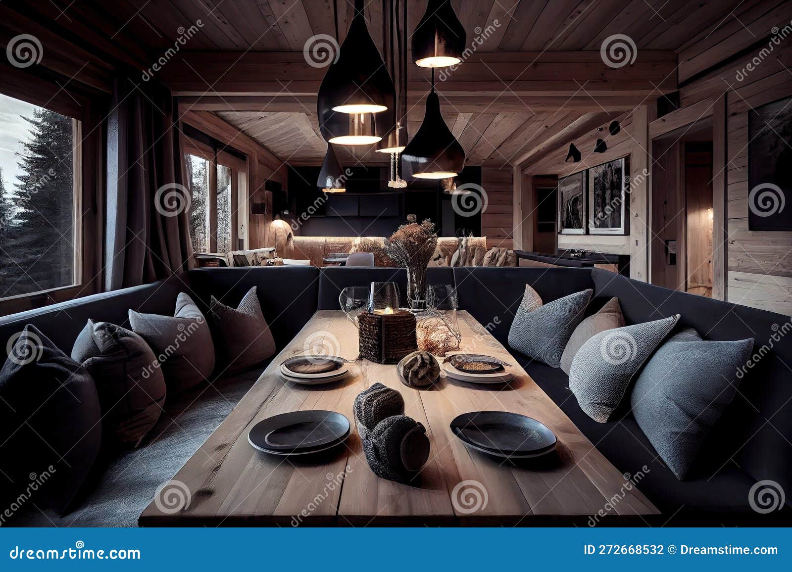 Room with Sofa and Decor in Form of Nature in Chalet Big Dining Table ...