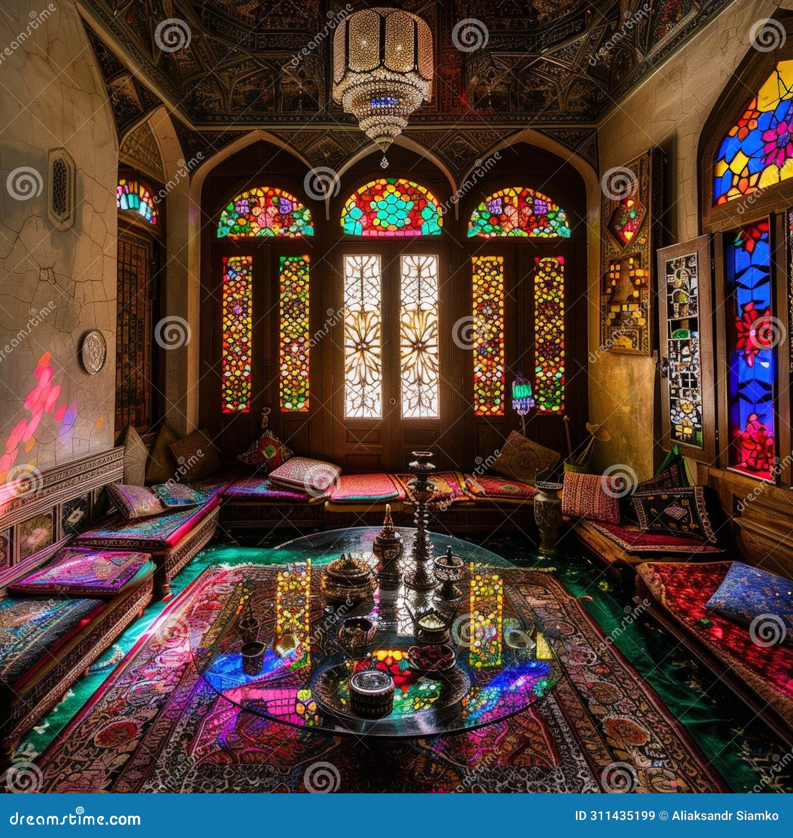 A Room with Stained Glass Windows and a Table Stock Image - Image of ...