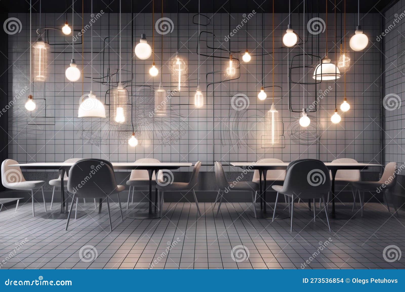 A Room with a Table, Chairs, and Lights Hanging from the Ceiling and a ...
