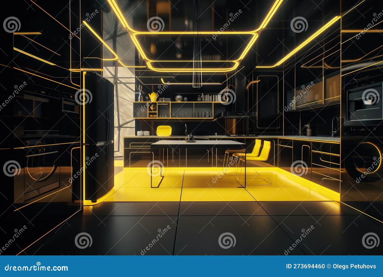 A Room with a Table, Chairs, and a Yellow Light in the Middle of the ...