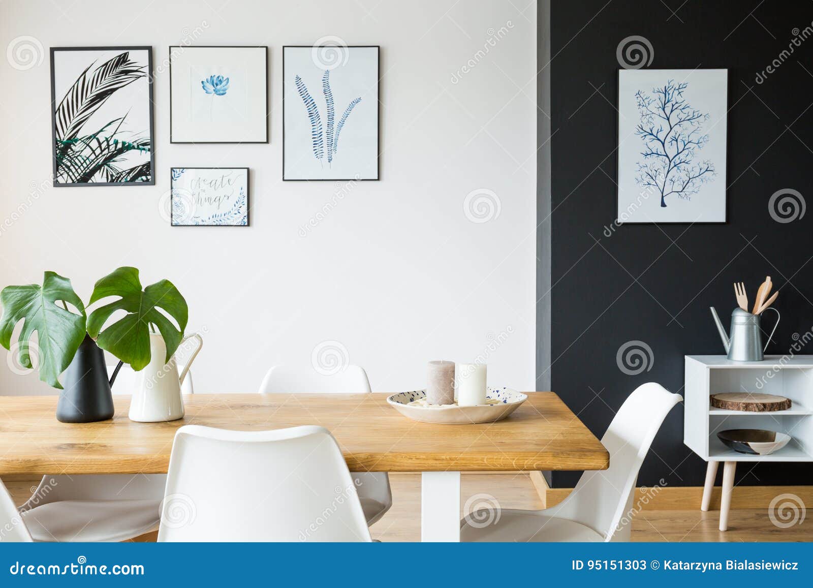 Room with Table and Posters Stock Image - Image of blue, minimal: 95151303