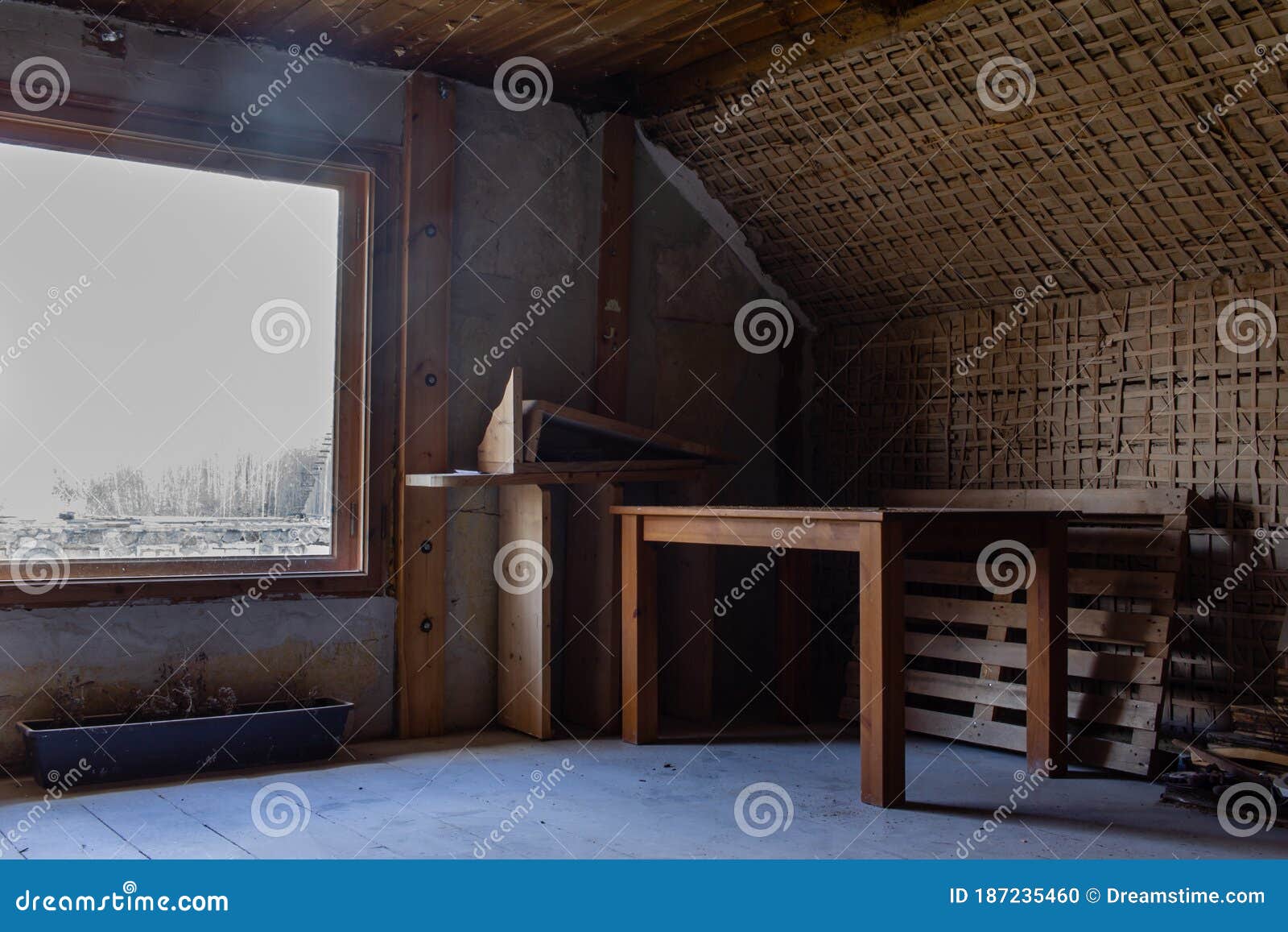 Room Under Construction, One Table on Blue Floor Stock Photo - Image of ...