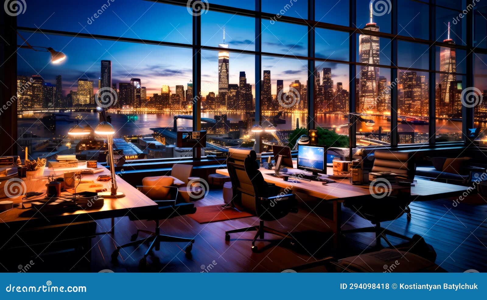 Room with View of City at Night and Desk with Computer on it ...