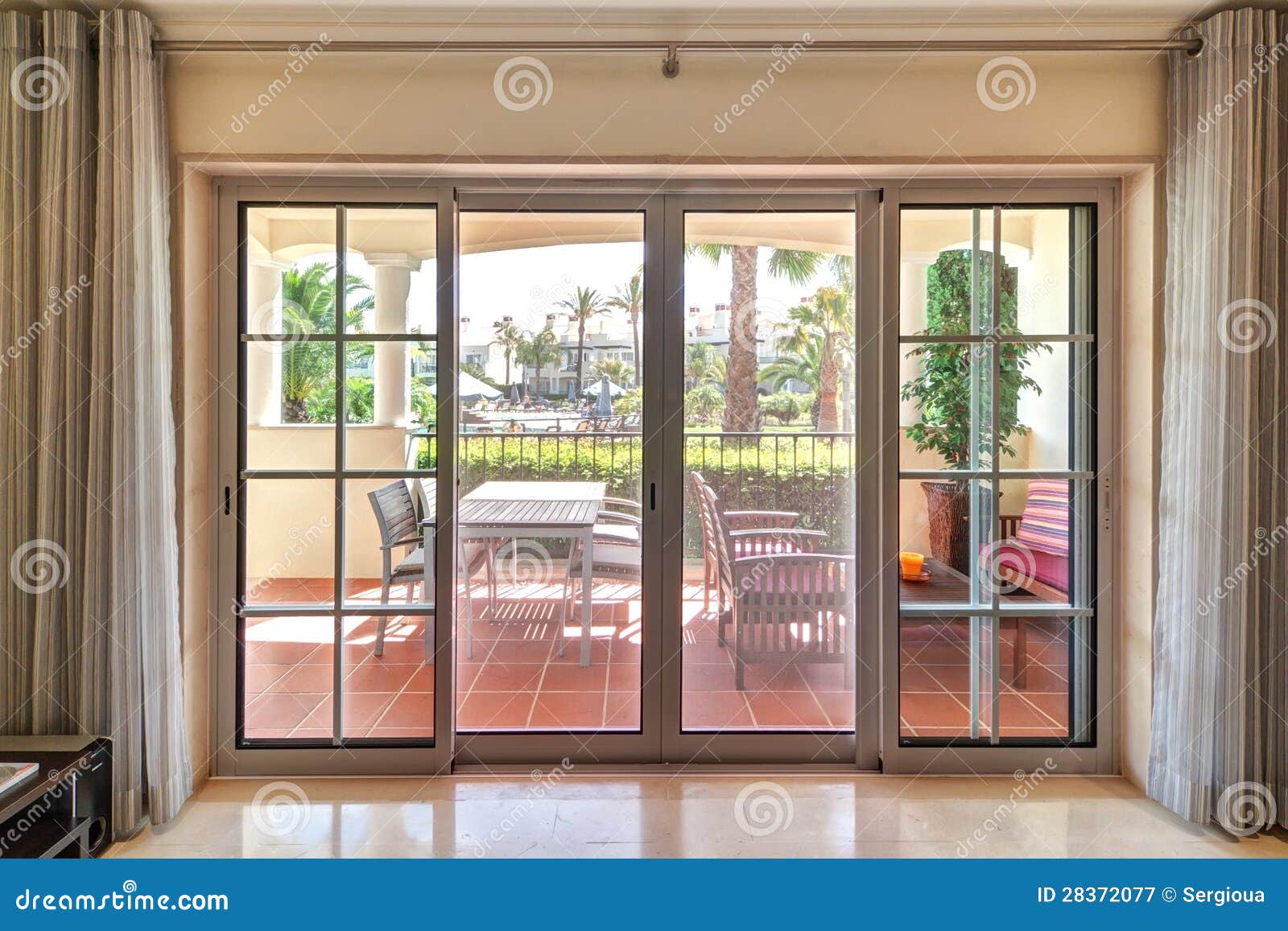 Room Window with of the Terrace and Green Gardens. Stock Image - Image ...