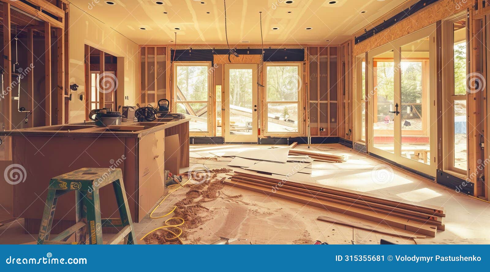 A Room with Wood Framing and a Kitchen Stock Image - Image of floor ...