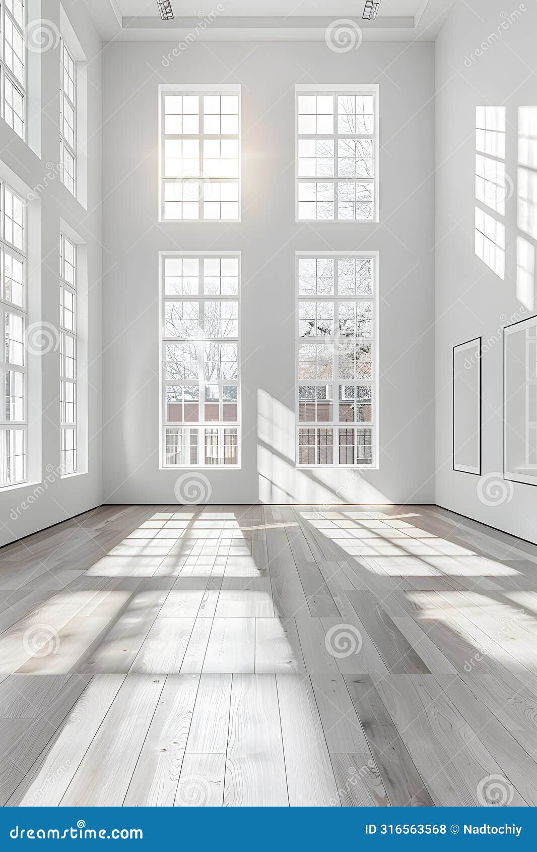Room with Wooden Floor, Lots of Windows, and Grey Interior Design Stock Photo - Image of park ...