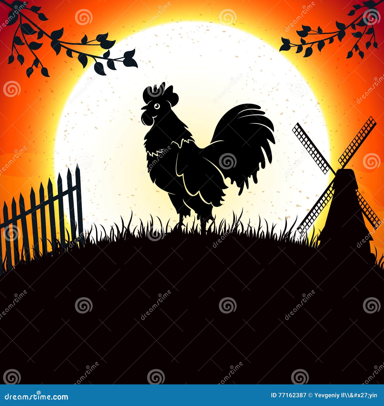 Rooster Morning Sitting Fence Wakes Singing Cartoon Illustration ...