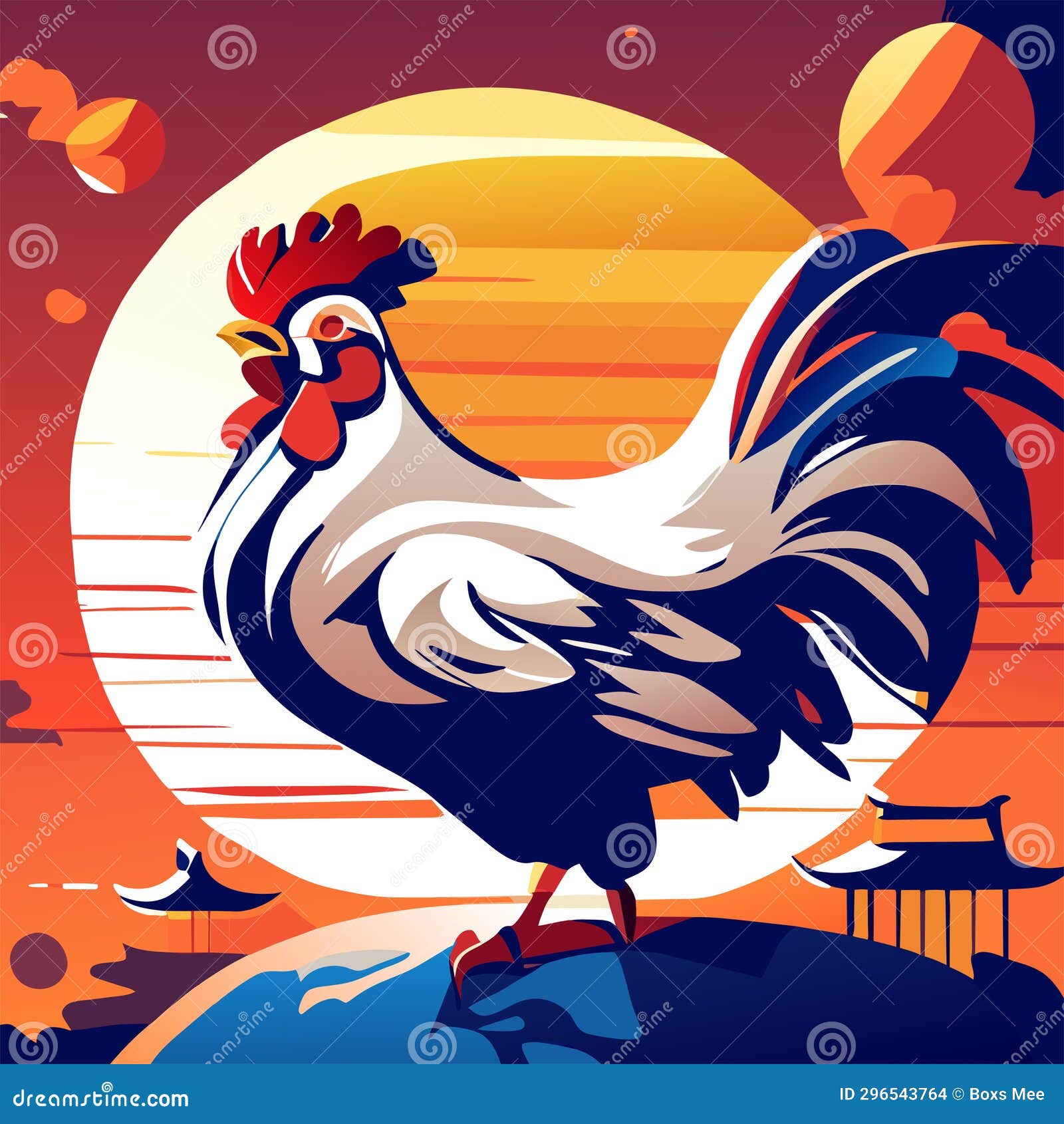Rooster on the Background of the Rising Sun. Vector Illustration Stock ...