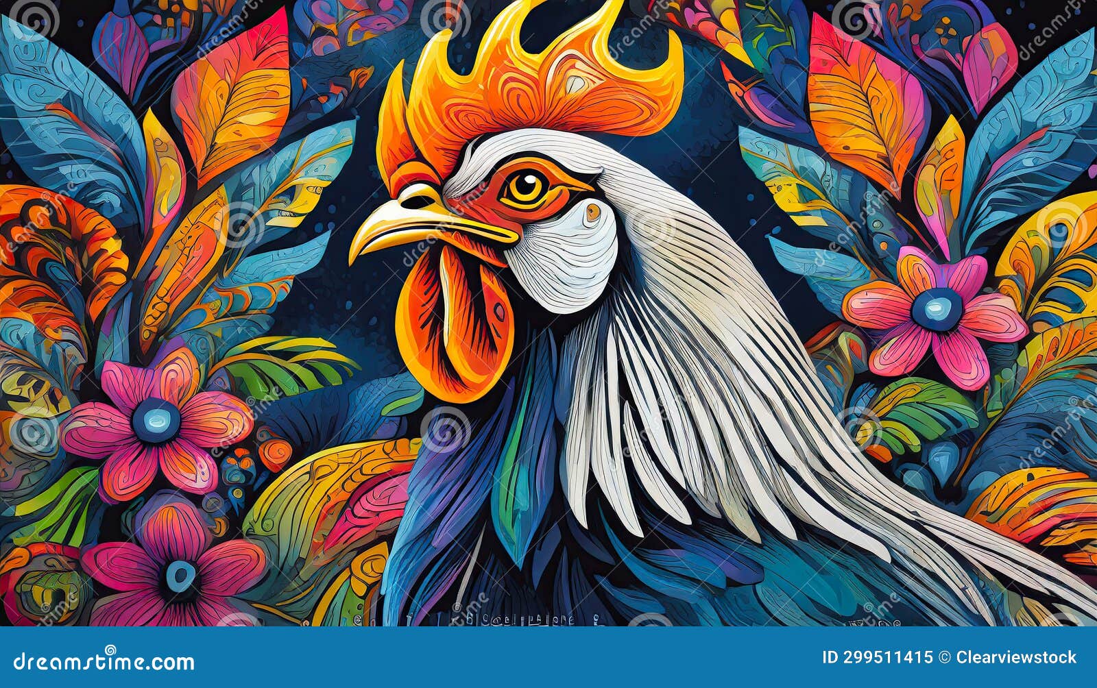 Rooster Bright Colorful and Vibrant Poster Illustration Stock ...