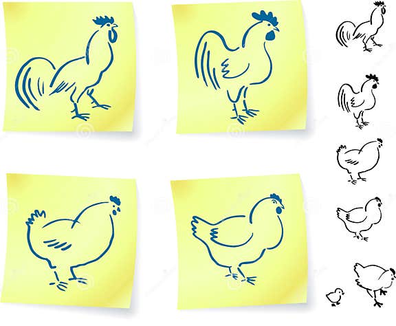 Rooster and Chickens on Post it Notes Stock Illustration - Illustration ...