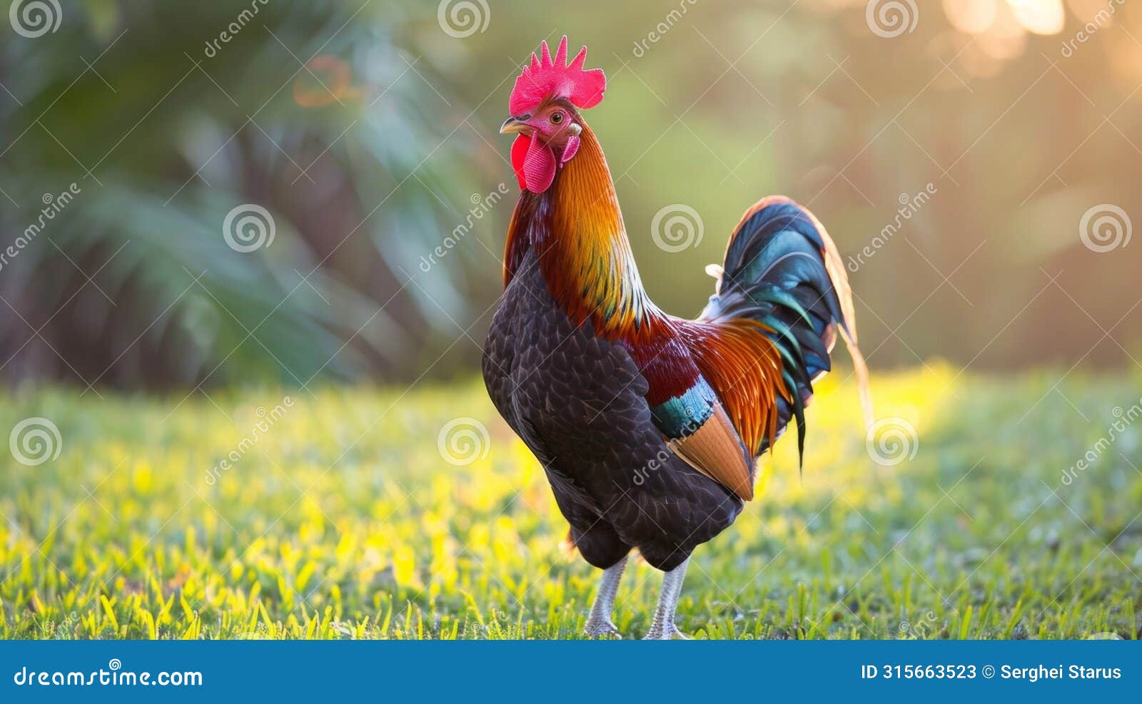 A Rooster with a Colorful Tail Standing in the Grass, AI Stock Image ...