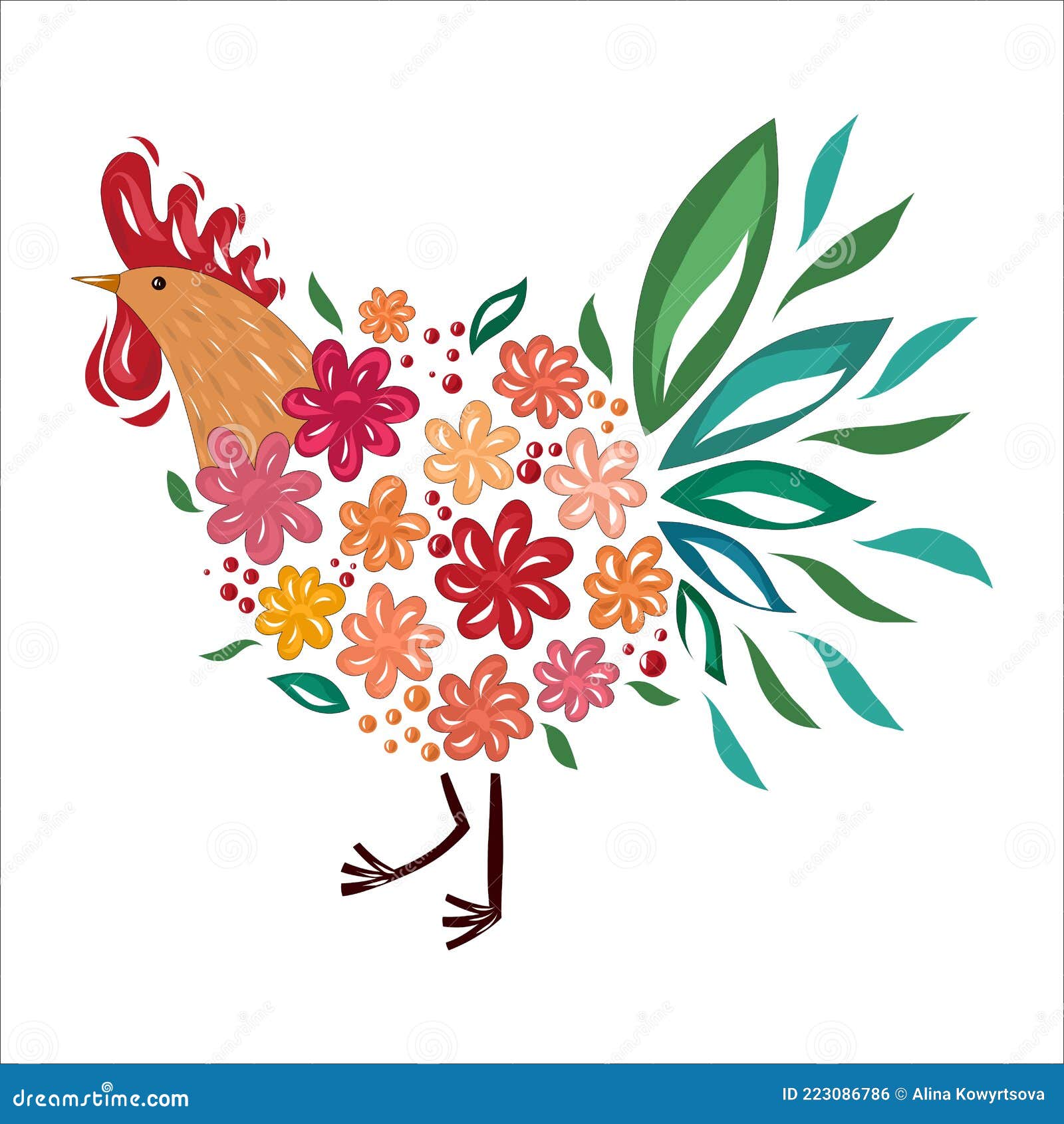 Rooster among Flowers and Berries. Vector Illustration Stock Vector ...