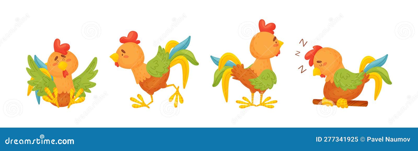 Rooster Funny Character with Bright Feathers Engaged in Different ...