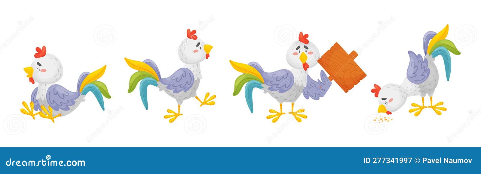 Rooster Funny Character with Bright Feathers Engaged in Different ...
