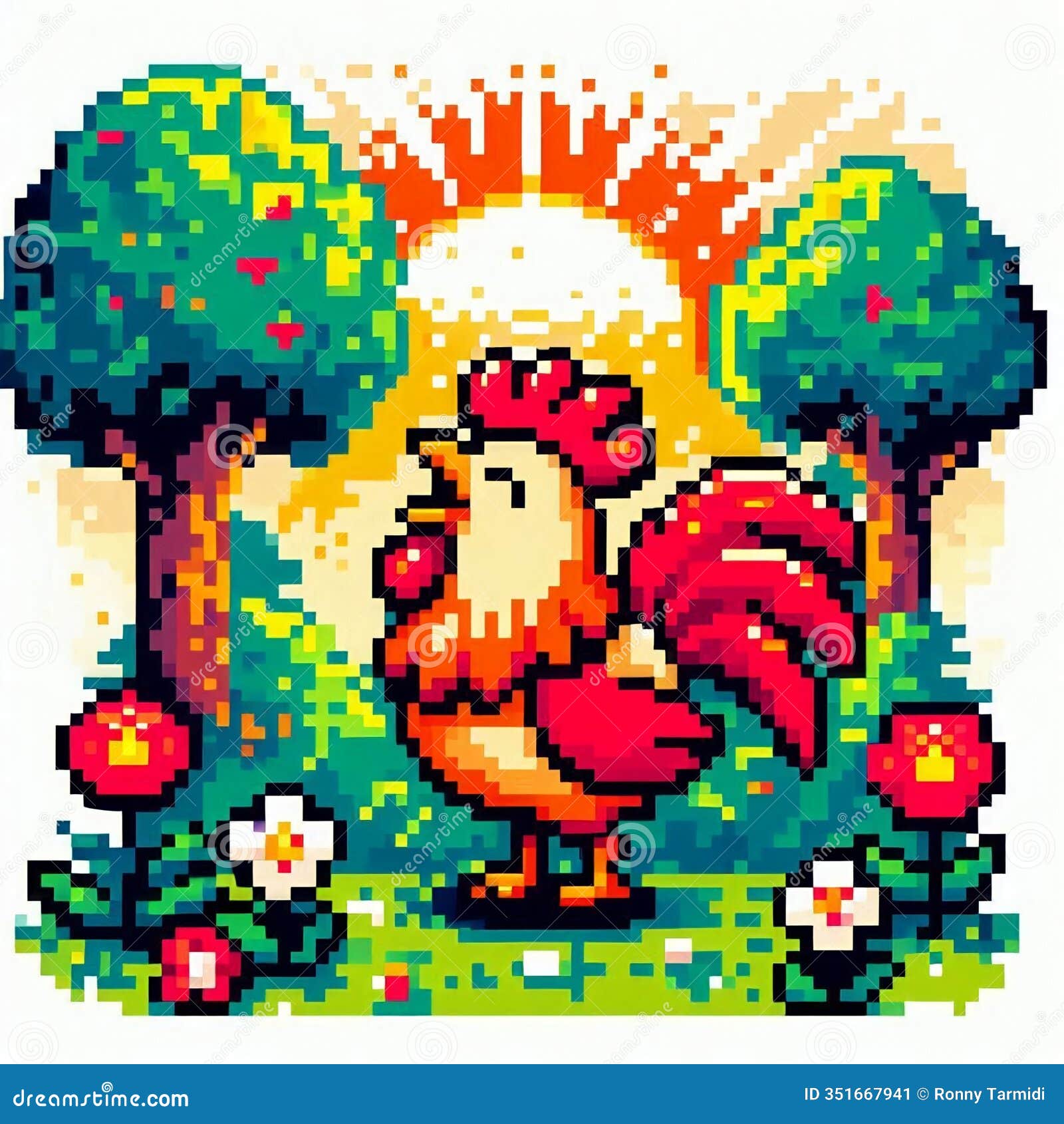 Rooster in the Garden, Pixel Art Stock Illustration - Illustration of ...