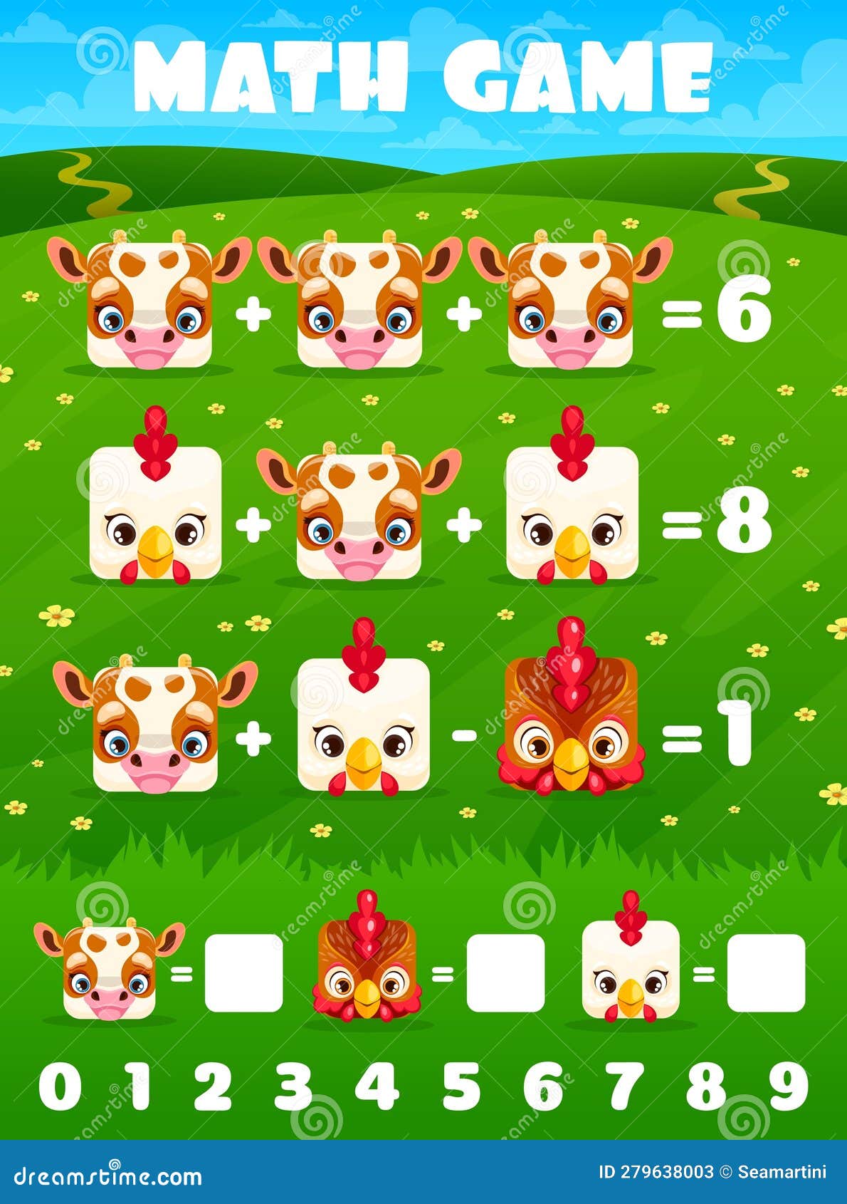Rooster, Hen and Cow Square Animal Faces Math Game Stock Vector ...