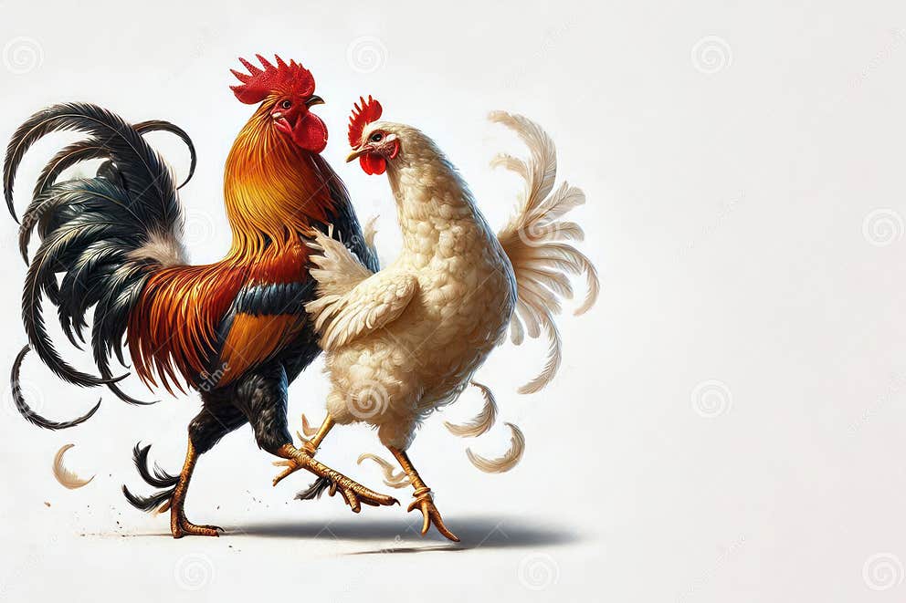 A Rooster and a Hen Dance, Scattering Feathers. Space for Text. Stock Photo - Image of motion ...