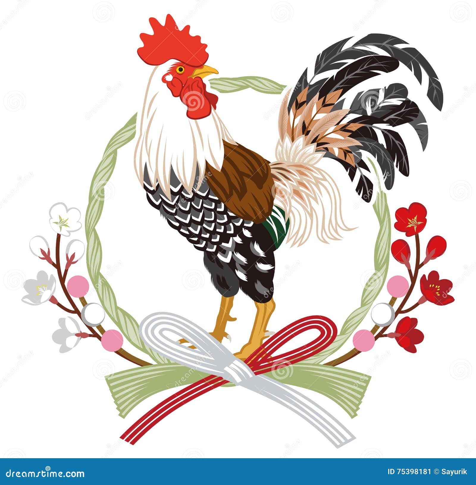 Rooster with Japanese Grass Wreath Decoration Stock Vector ...