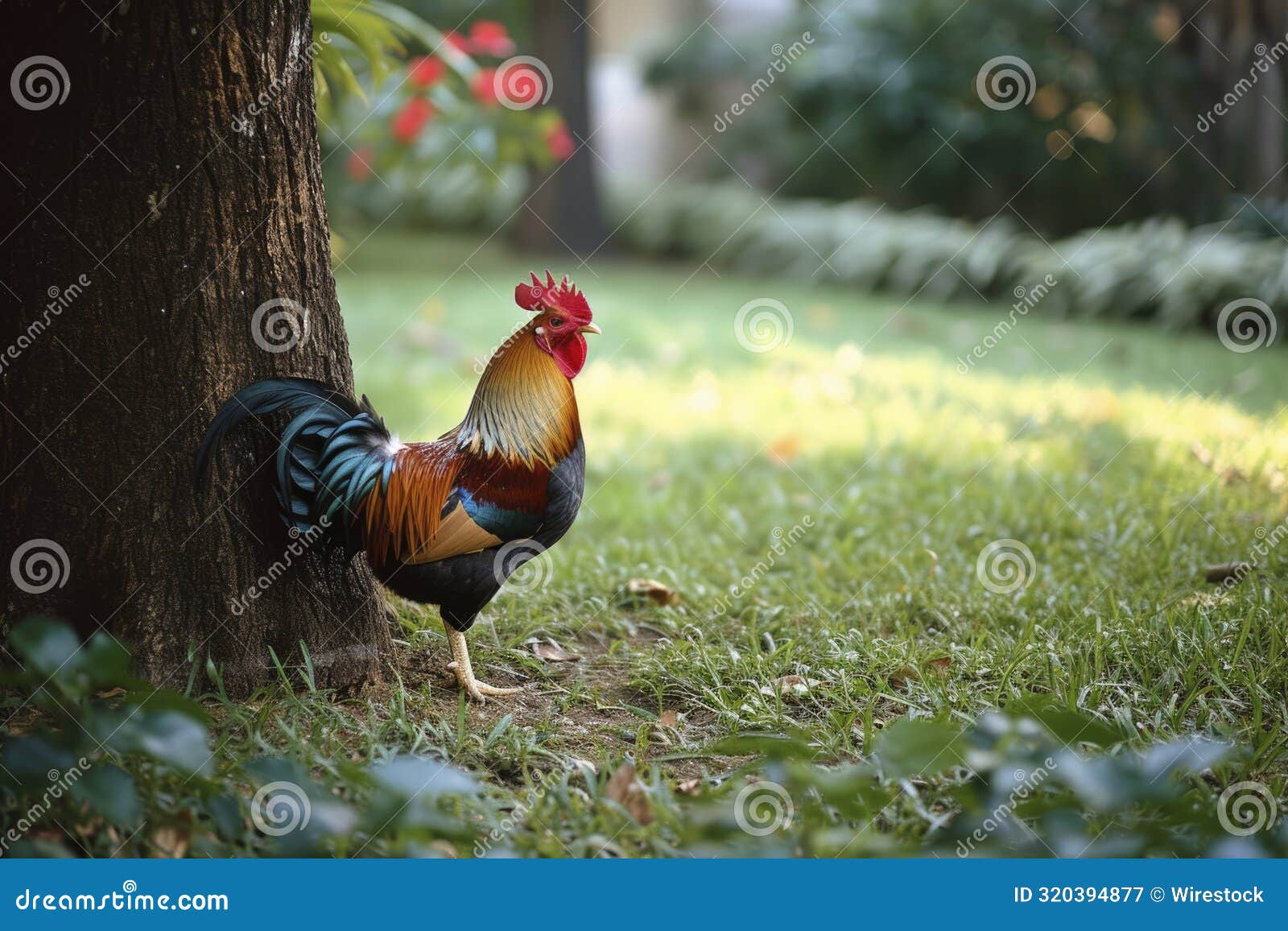 A Rooster is Leaning Against a Tree on the Grass in Front of a Tree ...