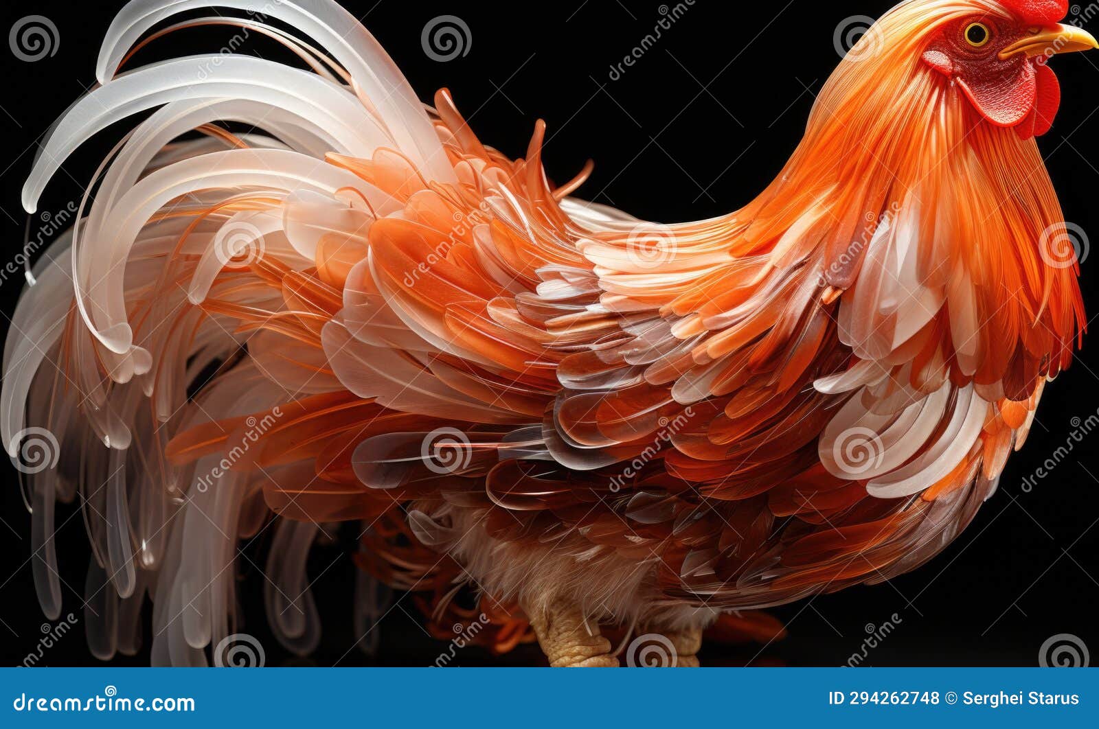 A Rooster with Long Feathers Standing on a Black Background, AI Stock ...