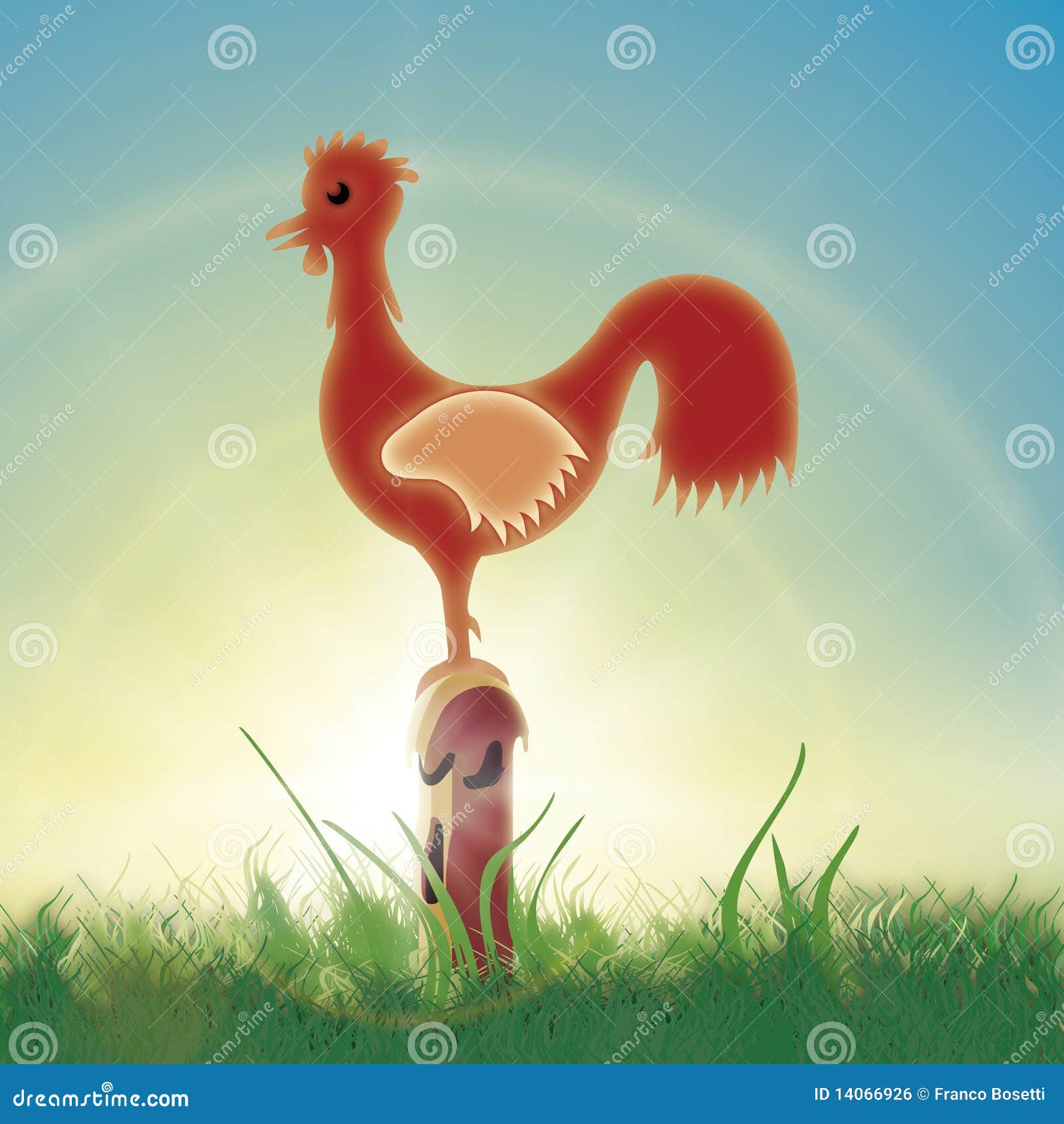 Rooster Morning Sitting Fence Wakes Singing Cartoon Illustration ...