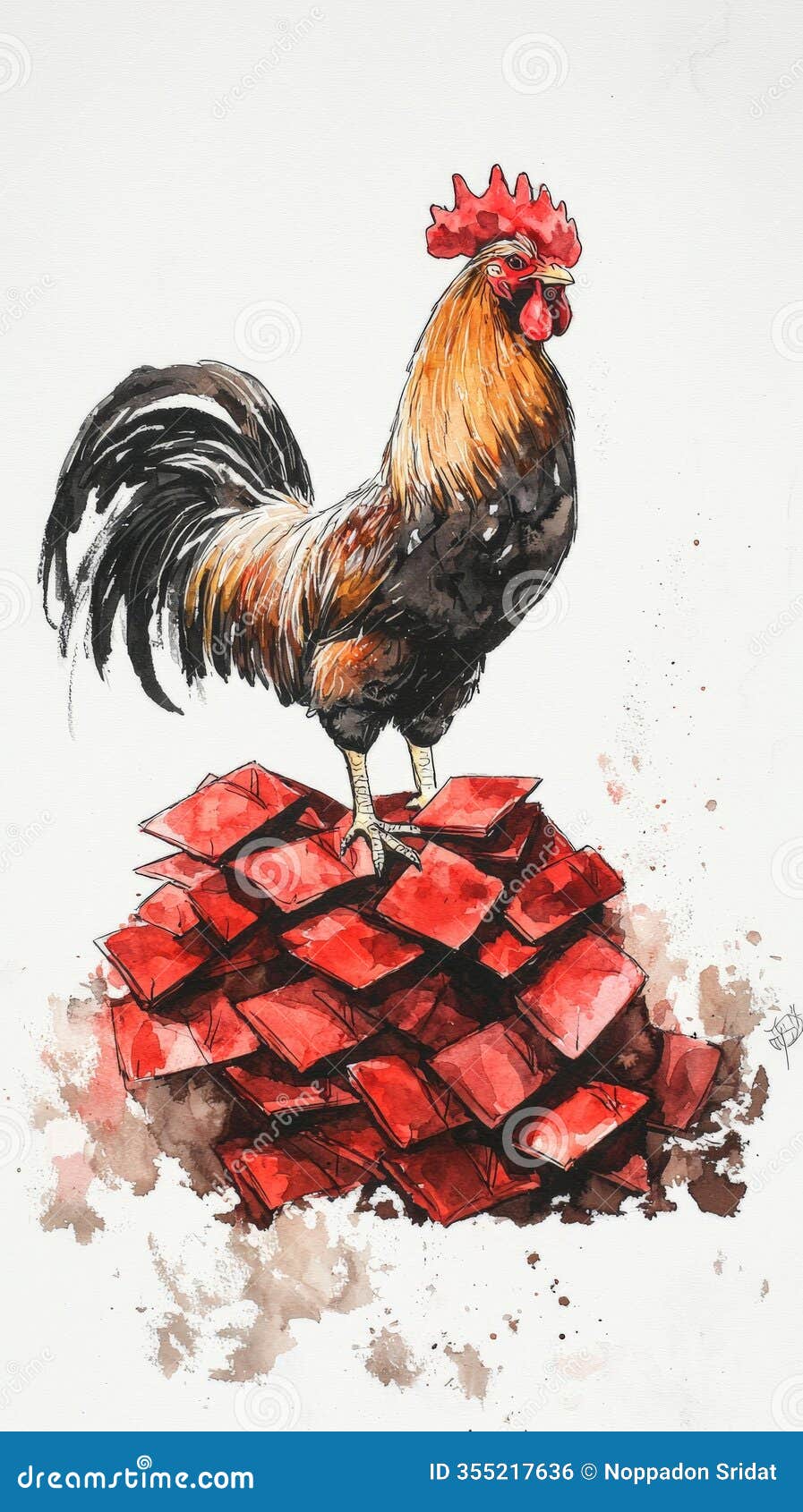 Rooster Perched on a Stack of Bricks in a Rural Outdoor Setting during ...