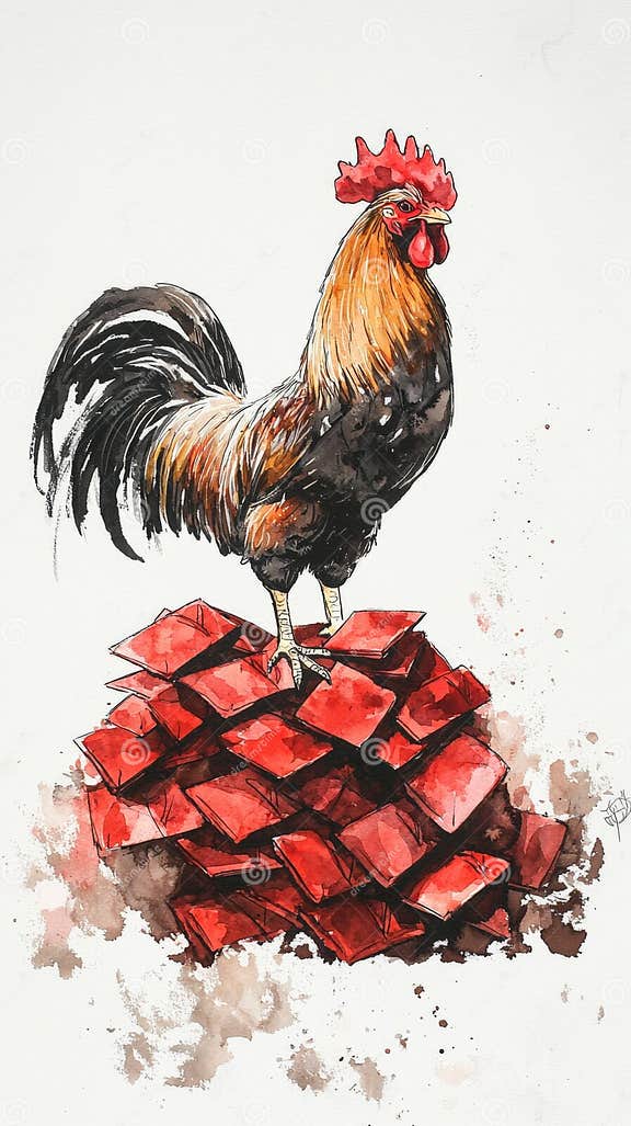 Rooster Perched on a Stack of Bricks in a Rural Outdoor Setting during ...