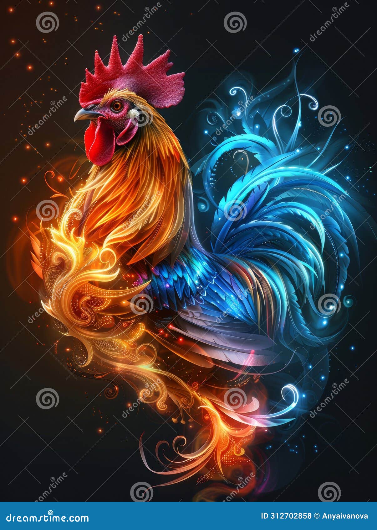 A Rooster with a Red Head and a Colorful Tail, a Magical Creature Made ...