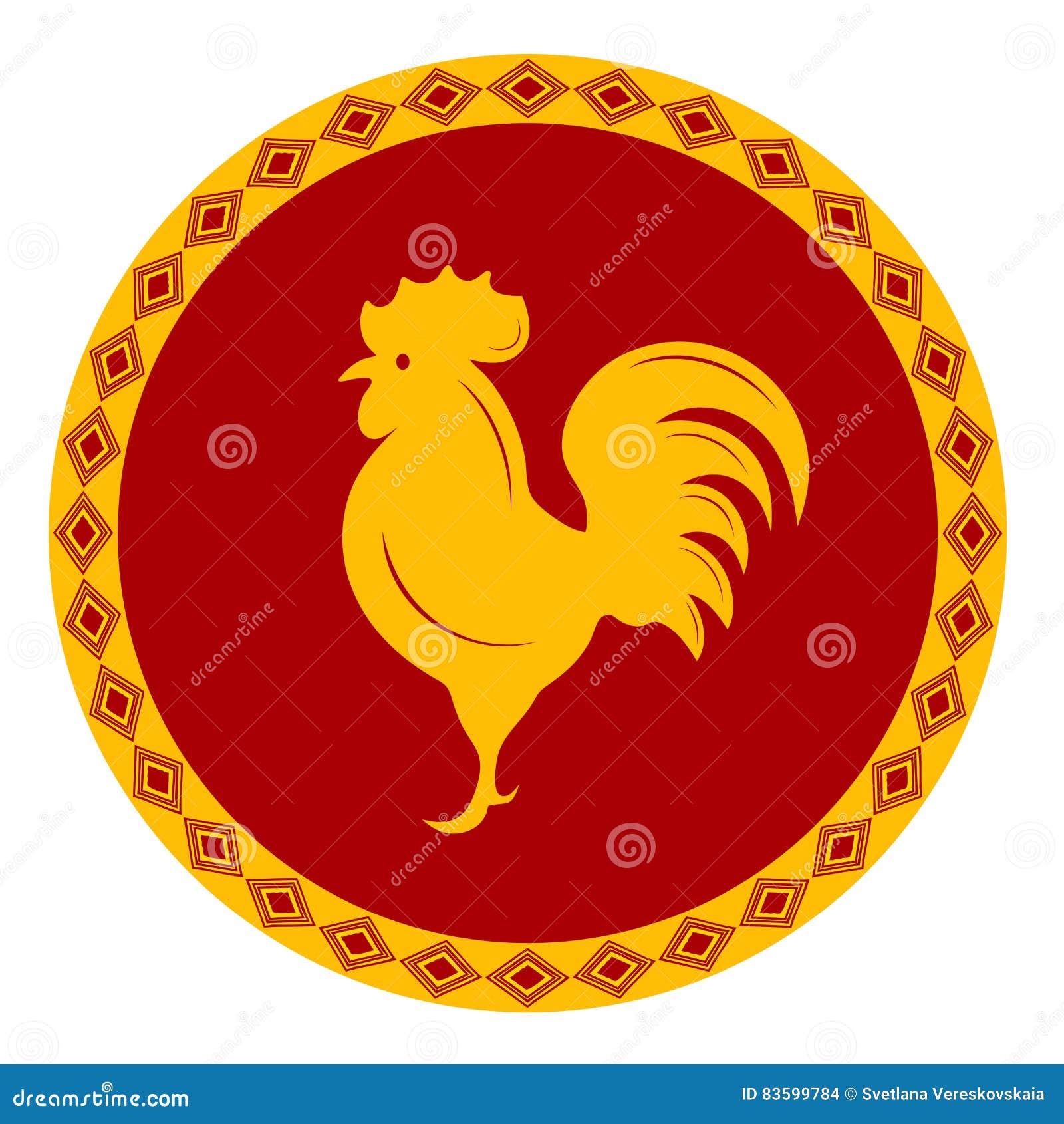 Rooster in a Round Frame with an Ornament in the Rhomb Stock Vector ...