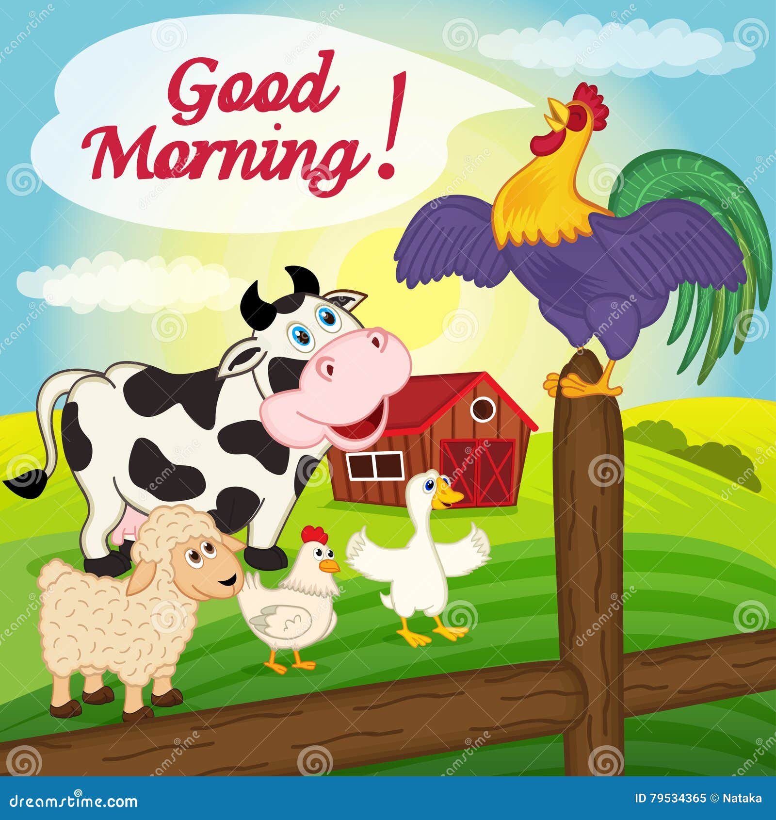 Rooster Morning Sitting Fence Wakes Singing Cartoon Illustration ...