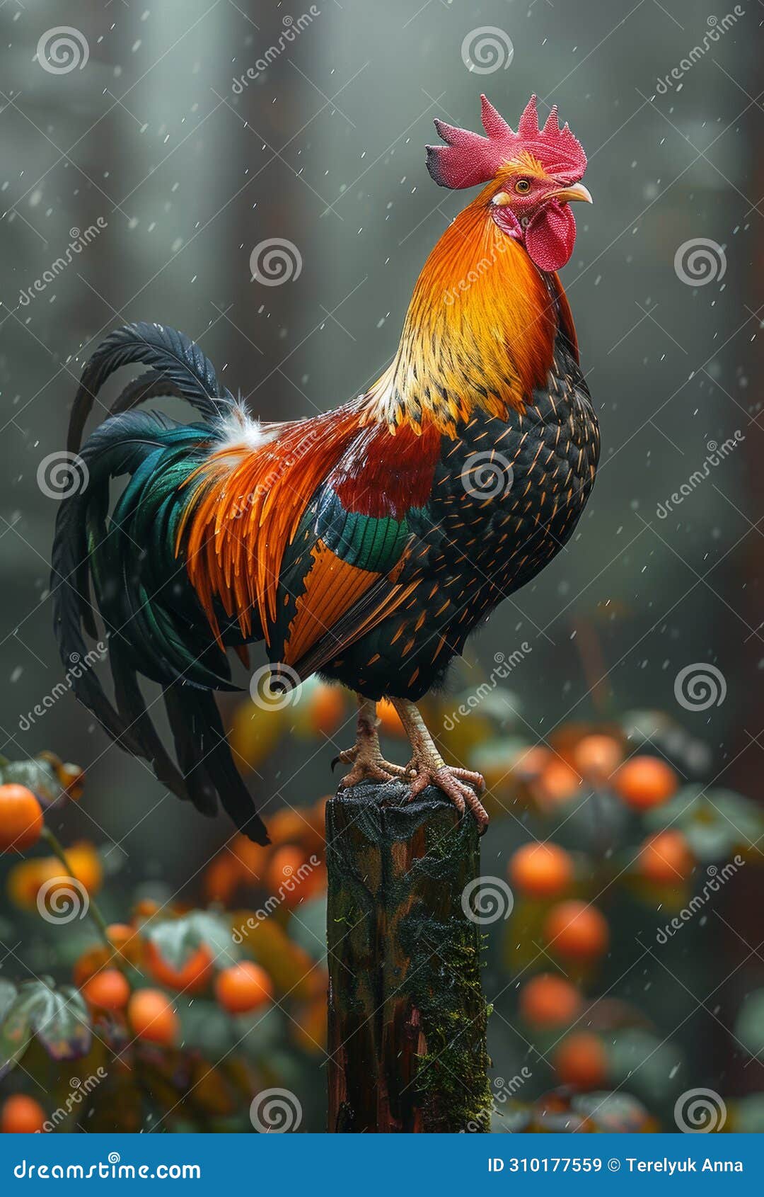 Rooster Sitting on Tree Stump in the Rain Stock Image - Image of ...