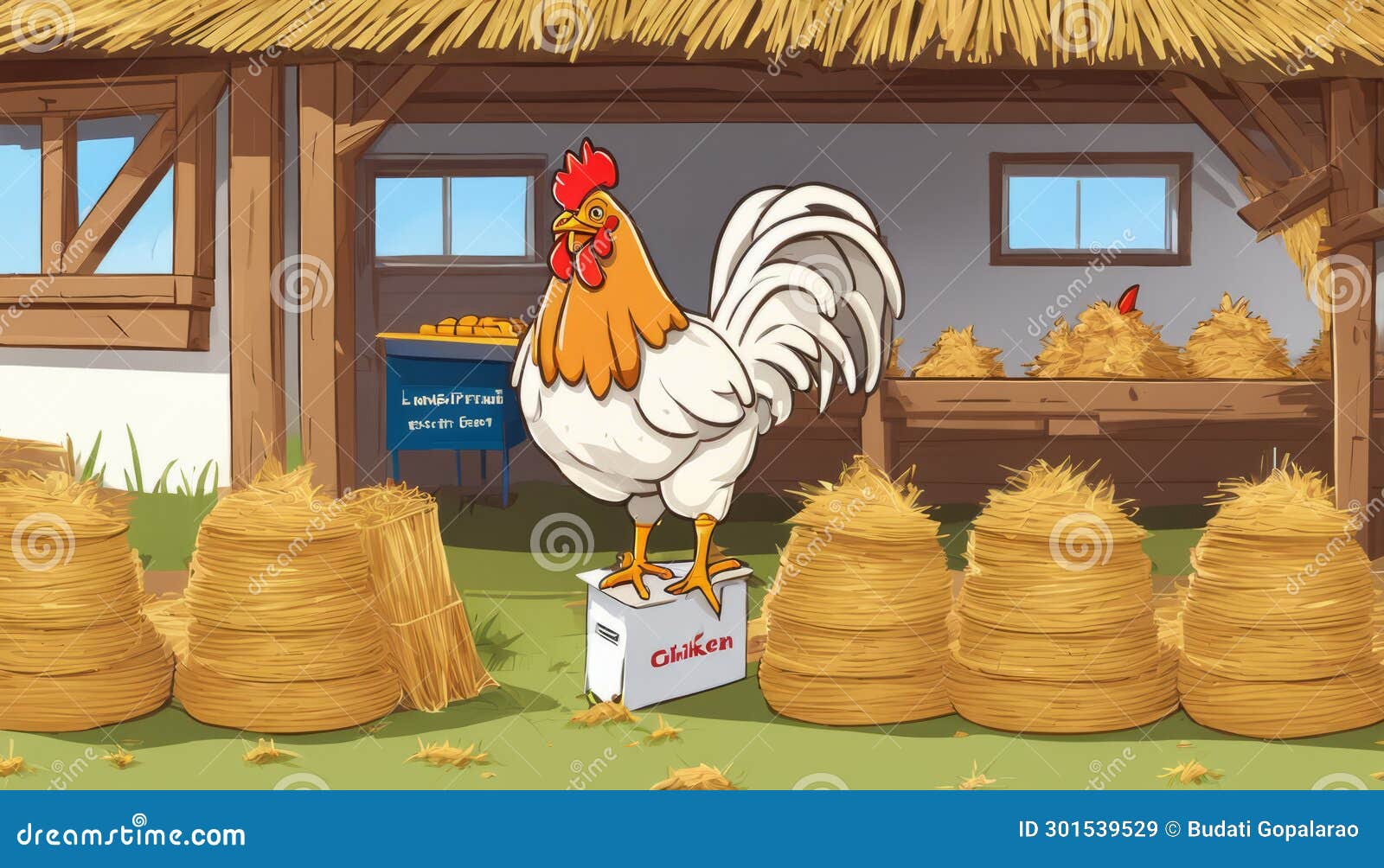 A Rooster Standing on a Box of Chicken Feed Stock Illustration ...