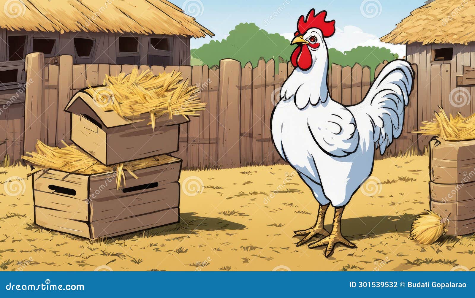 A Rooster Standing in Front of a Pile of Hay Stock Illustration ...