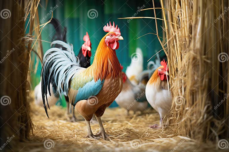 A Rooster Standing Guard As Hens Peck in Hay Stock Image - Image of ...