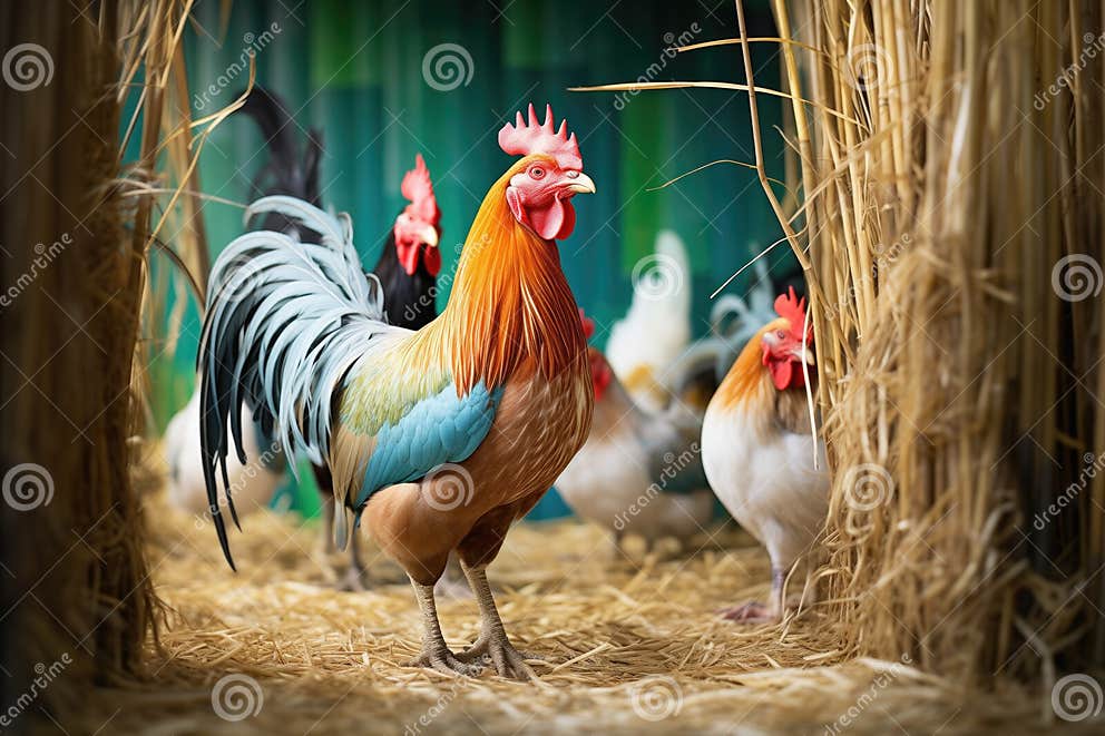 A Rooster Standing Guard As Hens Peck in Hay Stock Image - Image of ...