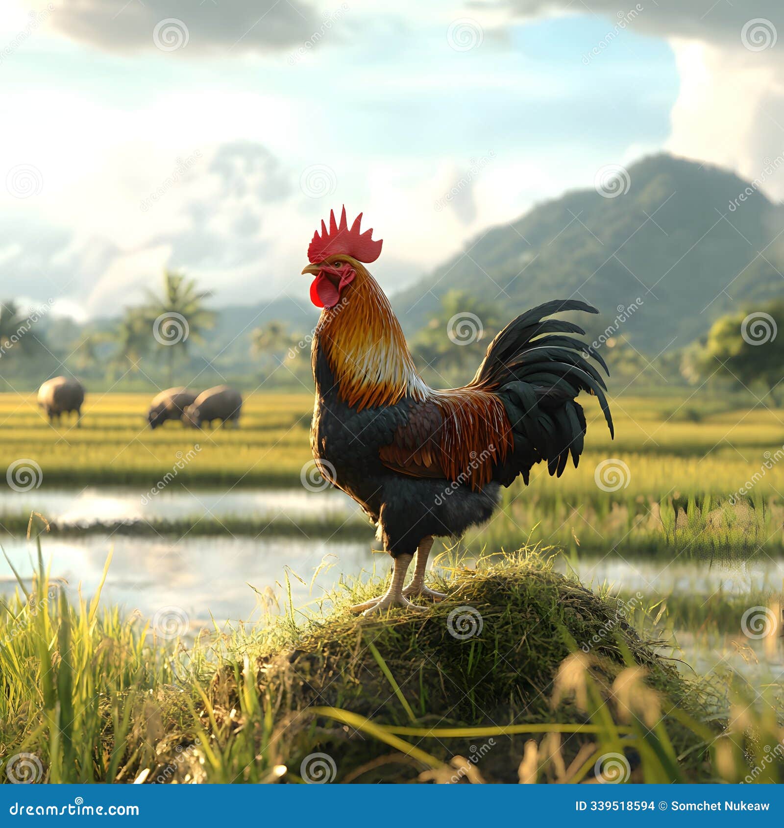 Rooster Standing in a Scenic Rice Field with Mountains Background Stock ...
