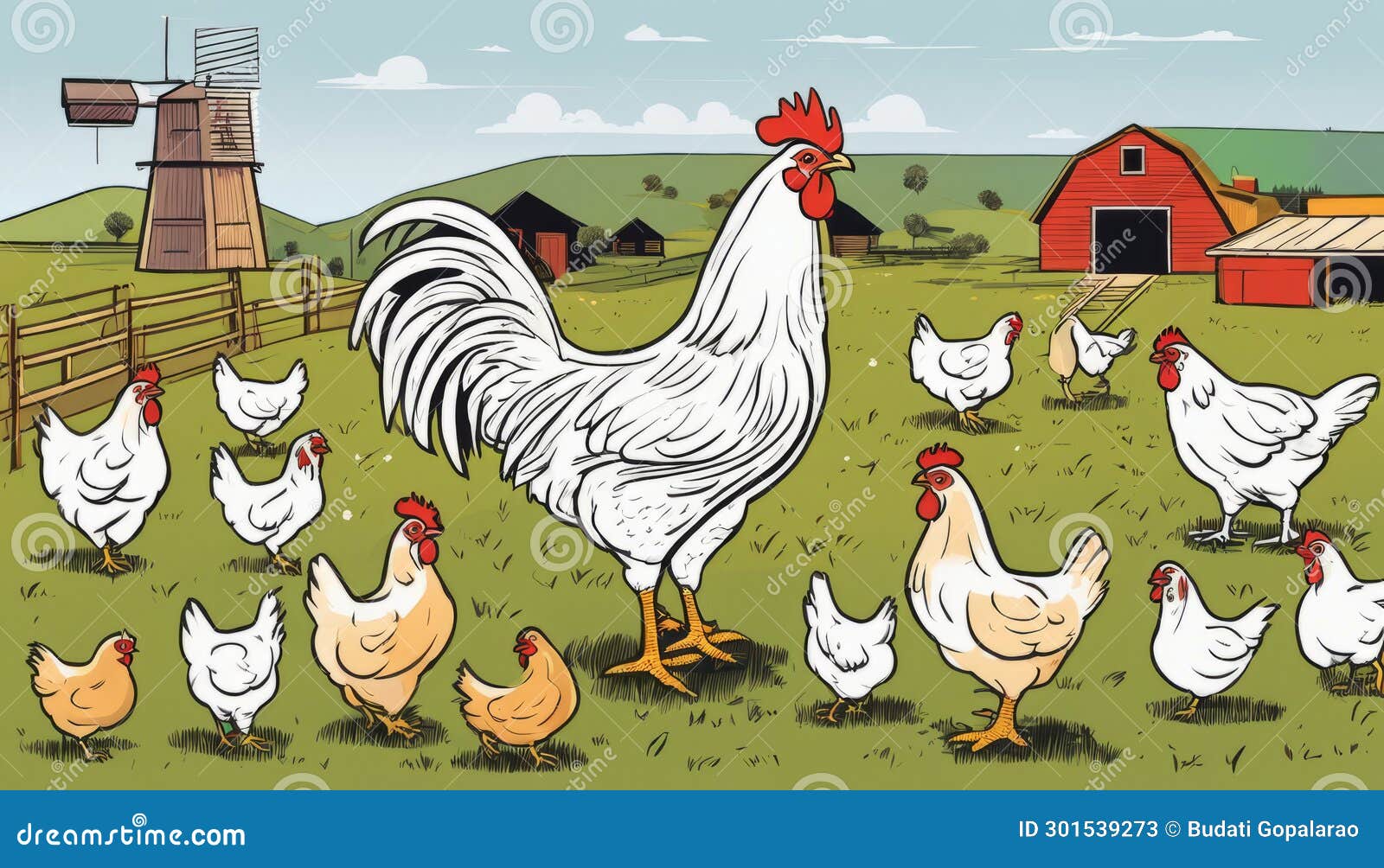 Flock Of Chickens Pecking At Ground In Coop With Detailed Feathers And ...