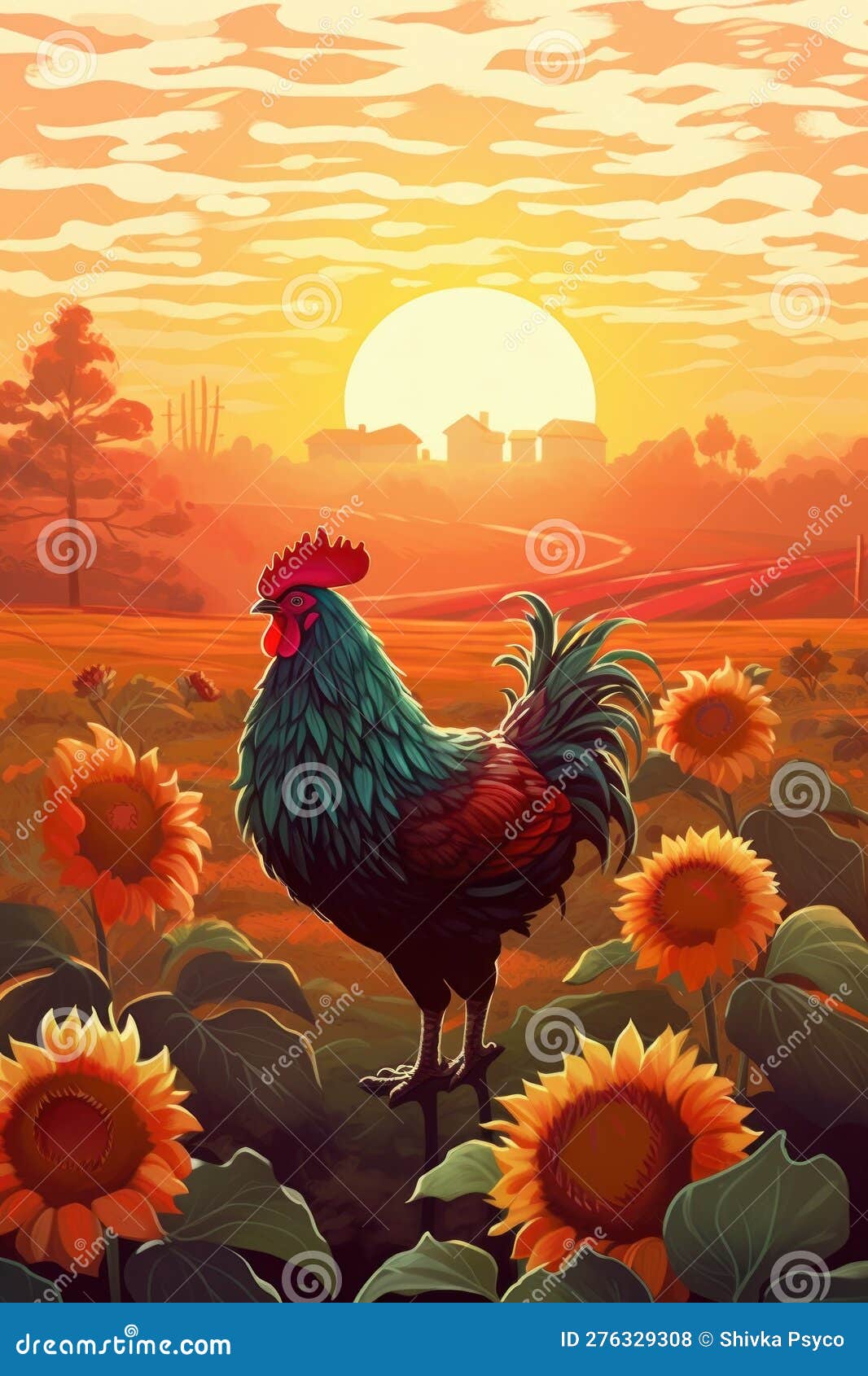 A Rooster in Sunflowers Garden at Sunset View Generative AI Stock ...