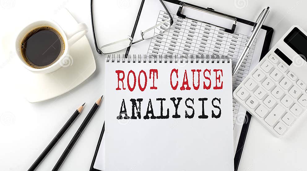 ROOT CAUSE ANALYSIS Text on the Paper with Calculator, Notepad, Coffee ...