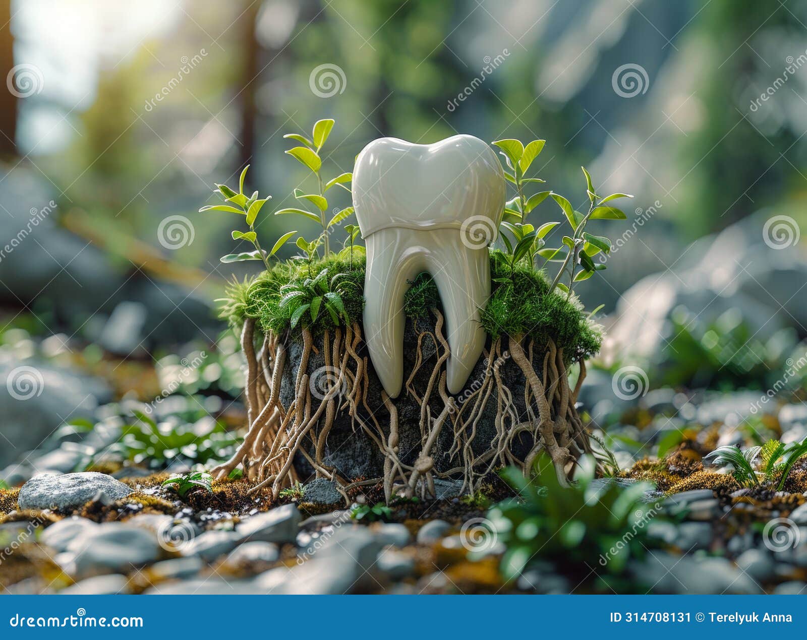 Root System is Growing from Tree Stump. a White Tooth Symbol is Growing ...